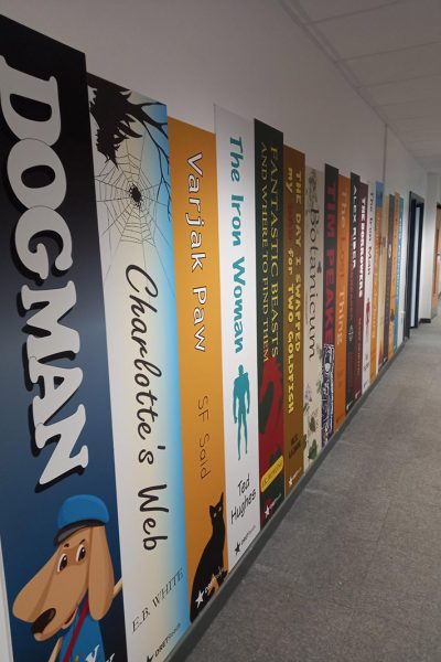 Book spine wall graphic signage for schools - Blocks Design Services