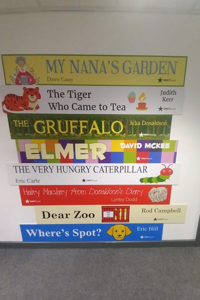 Book spine wall graphic signage for schools - Blocks Design Services