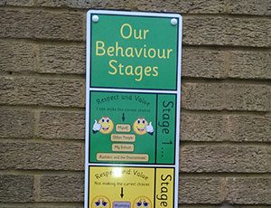 School signs including values, stair graphics and wall signage
